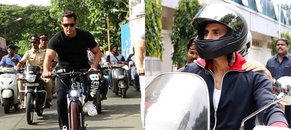 After Salman Khan's cycle ride, Akshay Kumar hops onto a bike to reach ...