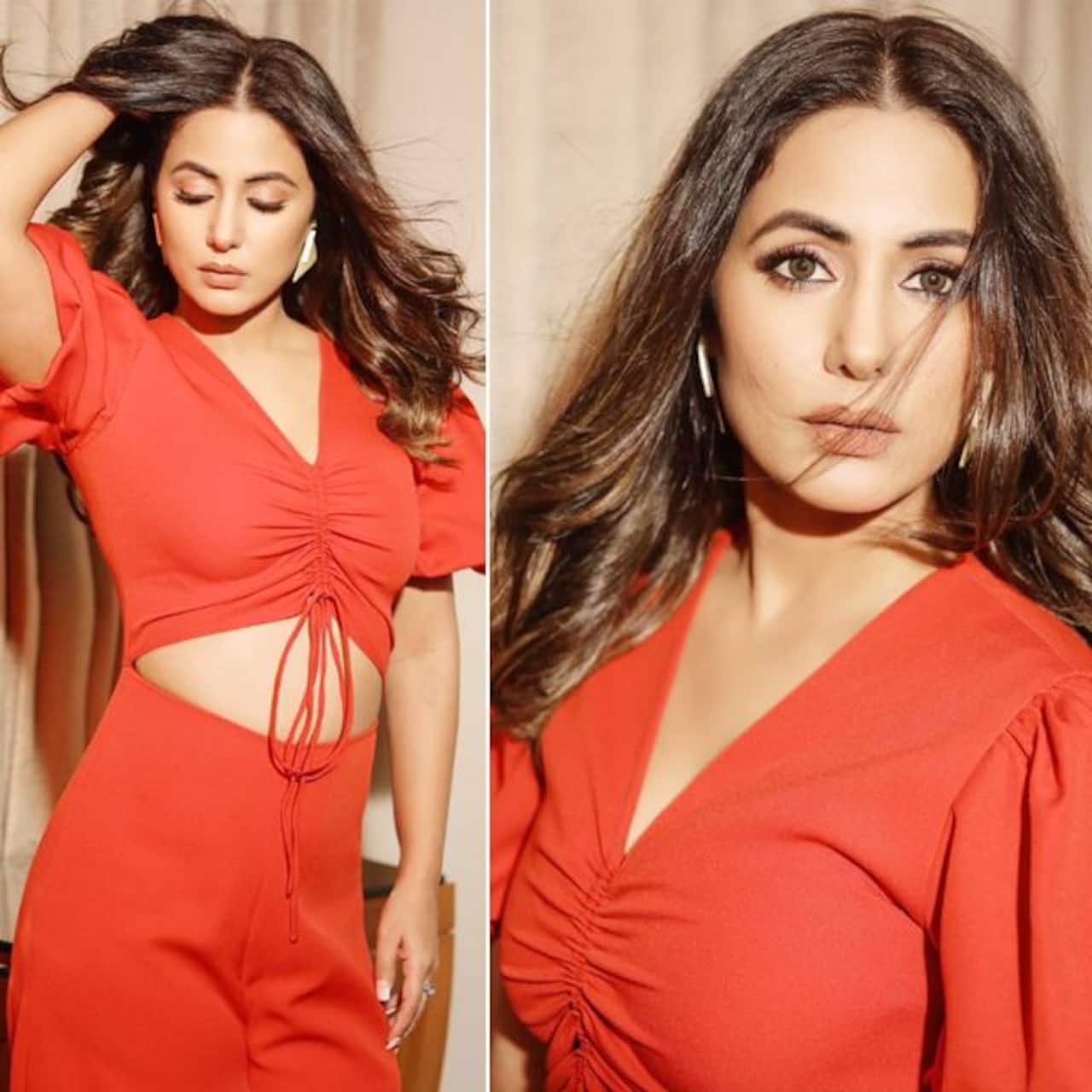 Hina Khan Flaunts Her Mid Riff In A Red Hot Jumpsuit And Sets The
