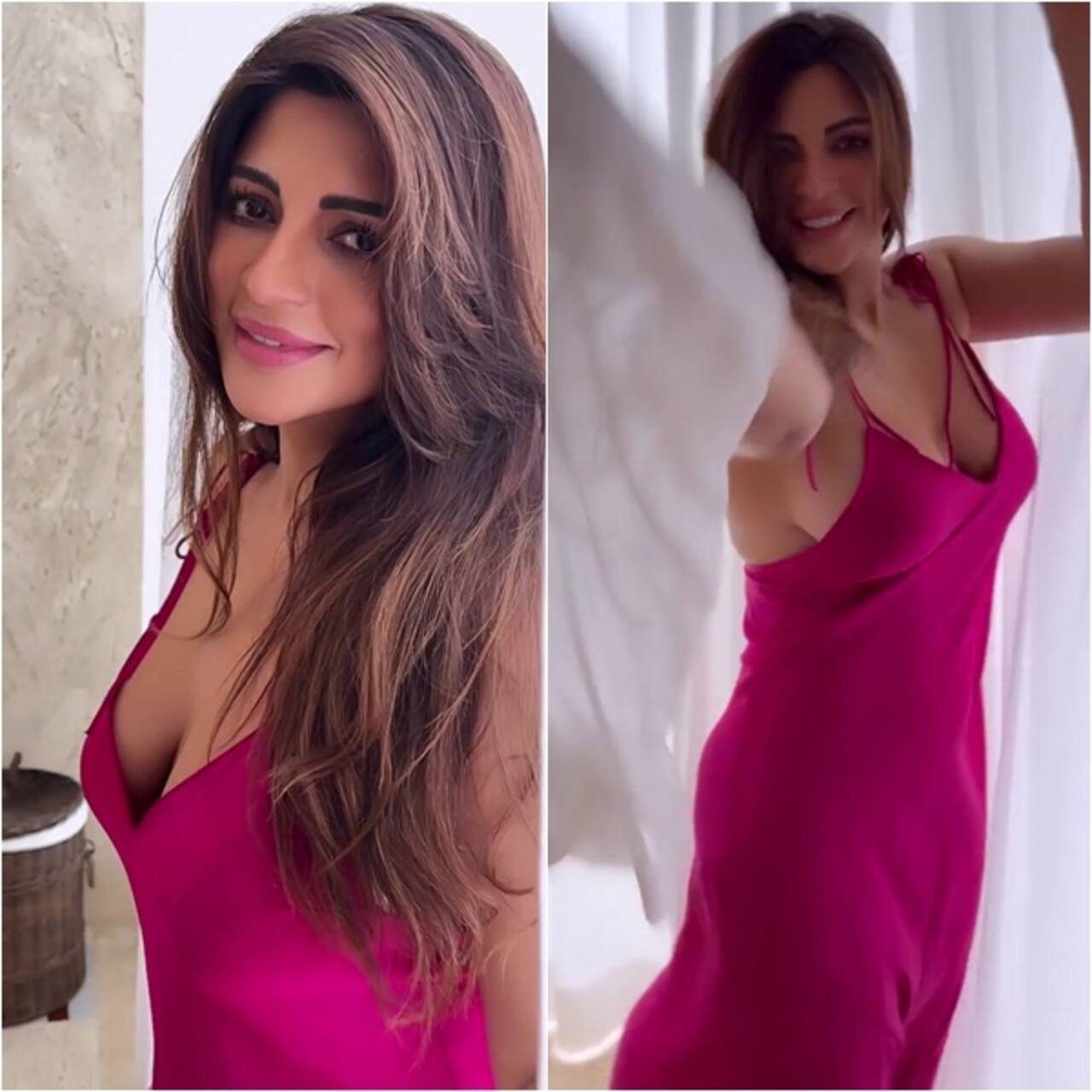 Shama Sikander steams up the internet as she twirls and shows off major cleavage in a pink night ...