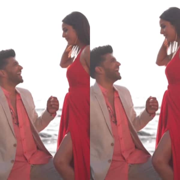 Guru Randhawa covers Shehnaaz Gill's legs as she poses in a high-slit ...