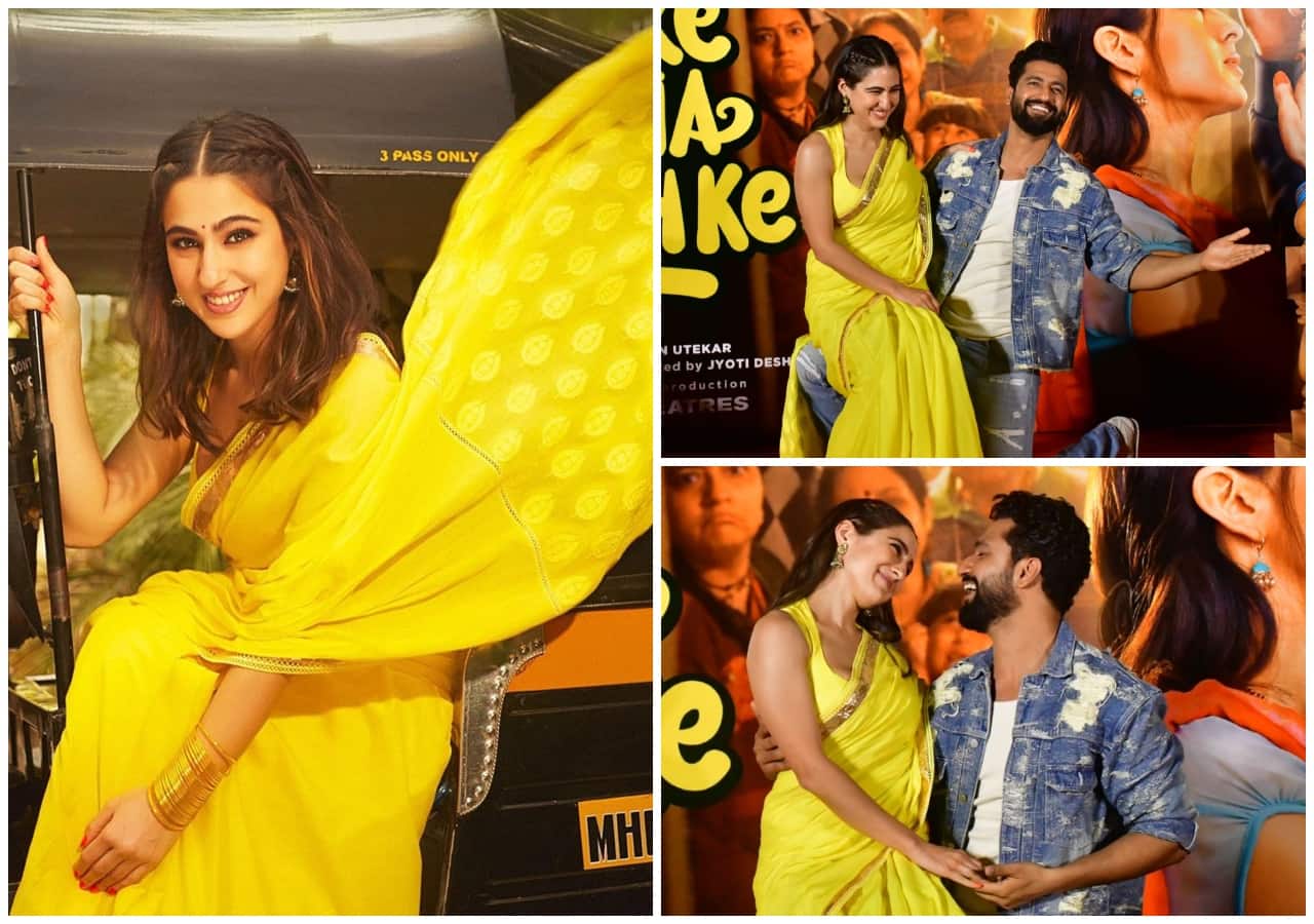 Sara Ali Khan posses in Auto, sits Vicky Kaushal's Lap at Zara Hatke Zara Bachke Trailer Launch ...