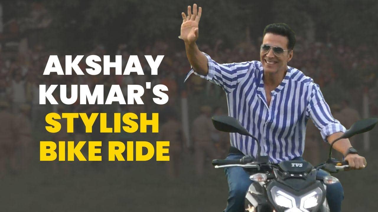 Akshay Kumar rides bike at Sky Force set, greets fans in style [Watch ...