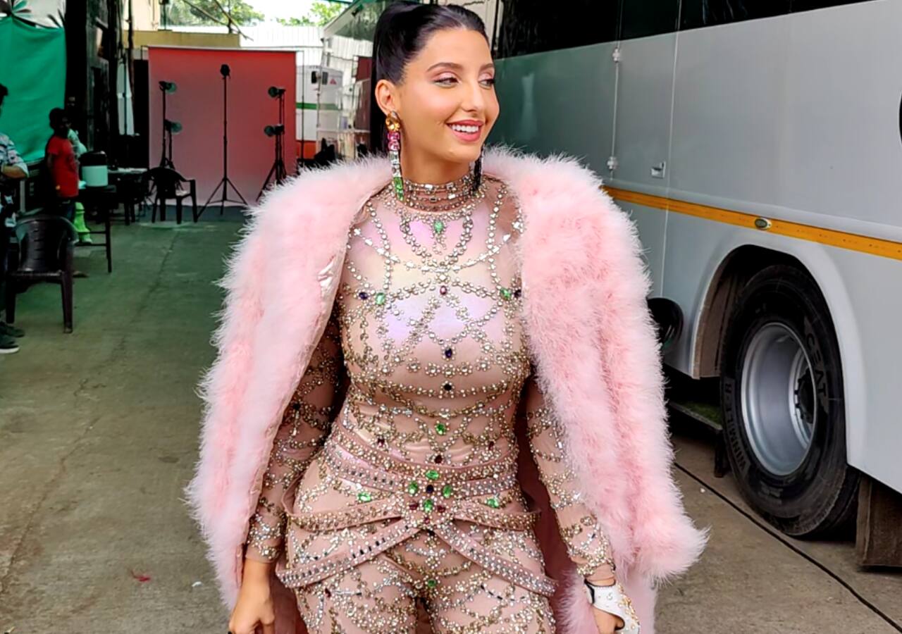 Nora Fatehi in a bejewelled bodycon look and furry cape will make you ...