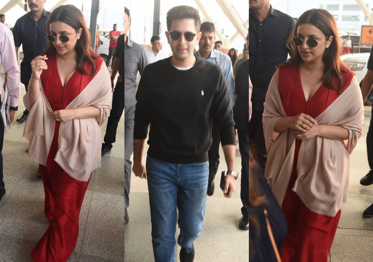 Parineeti Chopra-Raghav Chadha spotted at Delhi Airport for wedding: सुर्ख लाल सूट में एयरपोर्ट ...