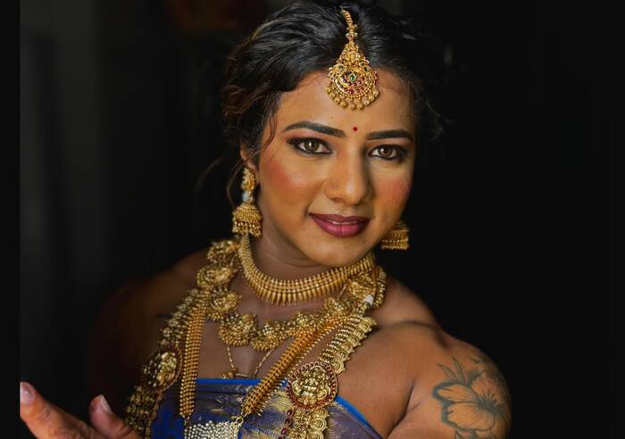 beauty with muscle: bodybuilder chitra purushottam bride look in gold ...