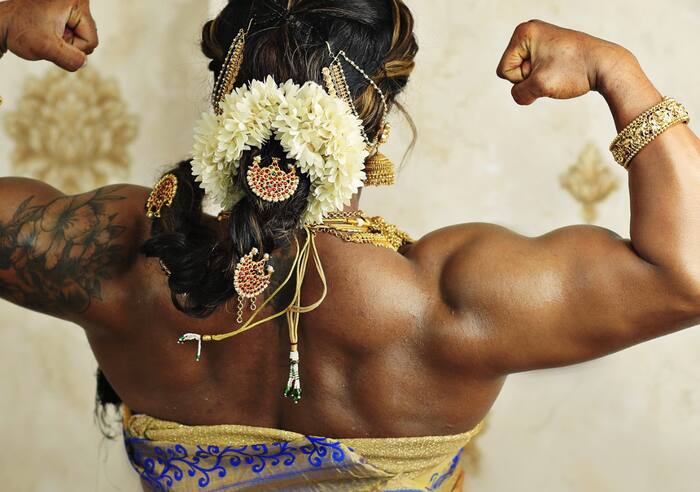 beauty with muscle: bodybuilder chitra purushottam bride look in gold ...