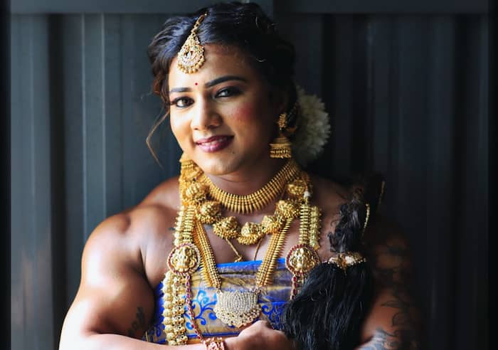beauty with muscle: bodybuilder chitra purushottam bride look in gold ...