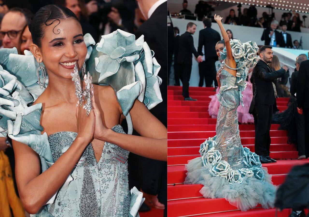 Fashion influencer Nancy Tyagi look wearing Frosted Blue colored gown ...