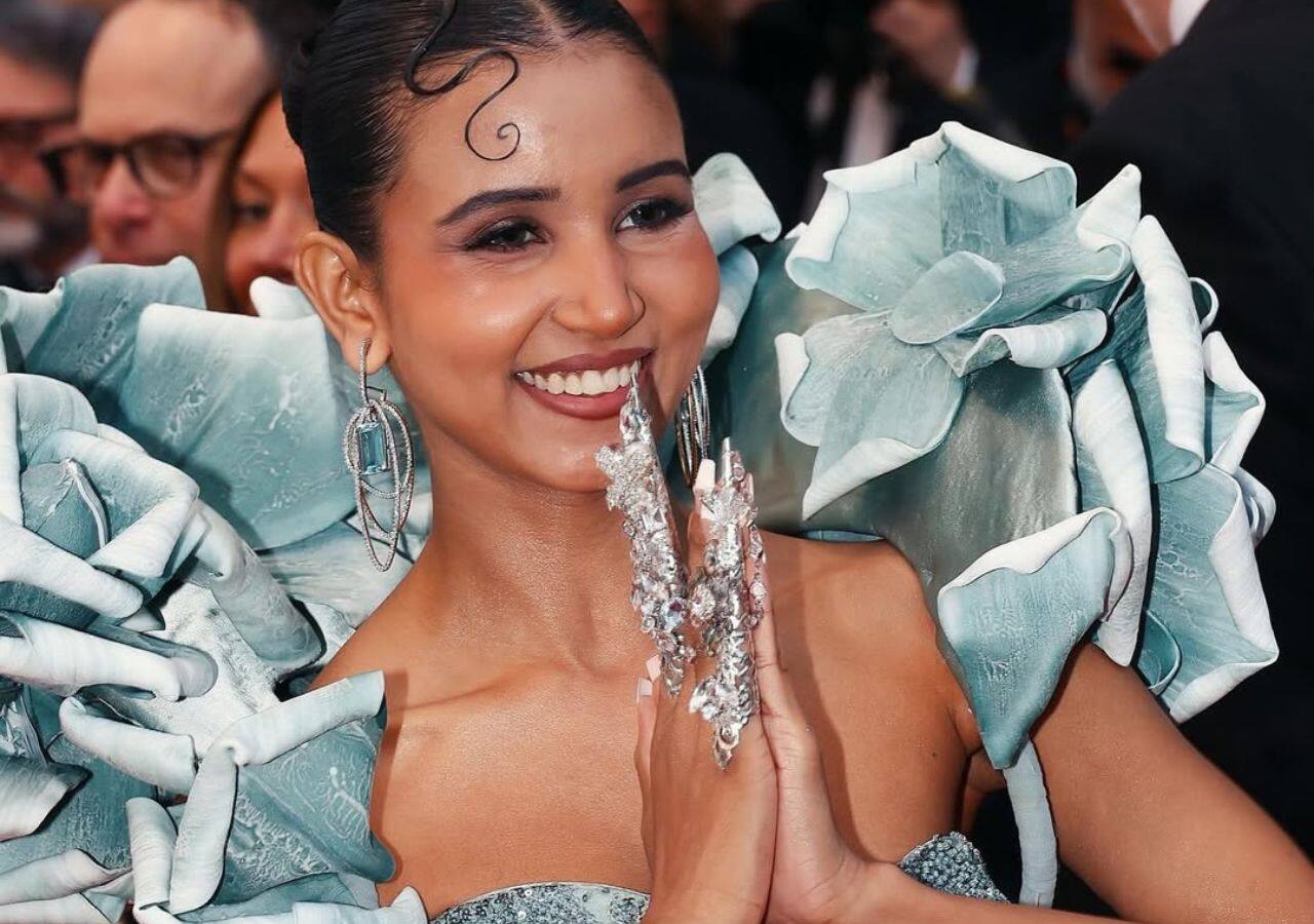 Fashion influencer Nancy Tyagi look wearing Frosted Blue colored gown on red carpet of Cannes ...